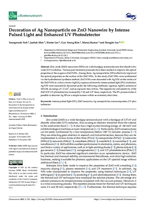 Pdf Decoration Of Ag Nanoparticle On Zno Nanowire By Intense Pulsed Light And Enhanced Uv