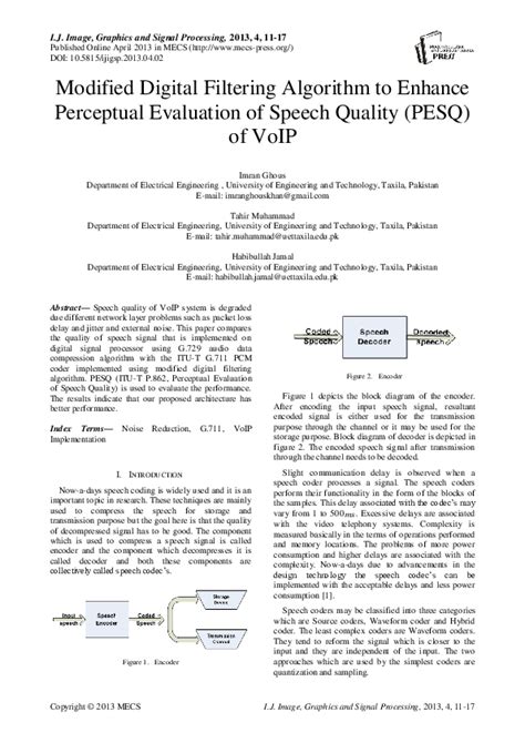Pdf Modified Digital Filtering Algorithm To Enhance Perceptual Evaluation Of Speech Quality