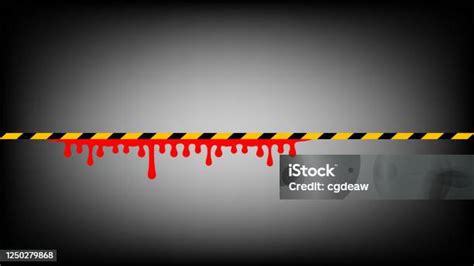 테이프 라인 옐로우 블랙 스트라이프와 블러드 드롭 고립 된 검은 색 배경 리본 테이프 표지판 또는 안락 한 안전 영역경고 공간 복사 공간을위한 안전 배너 노란색 검은 색