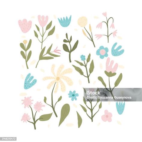 손으로 그린 꽃 세트입니다 식물 다양한 자연 봄 요소 현대 추상 꽃 기하학 및 나뭇잎 모양 벡터 일러스트 레이 션입니다 개체 그룹에 대한 스톡 벡터 아트 및 기타 이미지