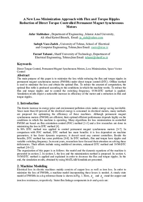 Pdf A New Loss Minimization Approach With Flux And Torque Ripples Reduction Of Direct Torque