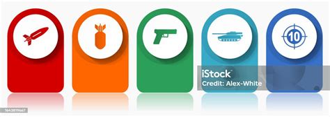 전쟁 아이콘 세트 미사일 폭탄 총 탱크 및 표적과 같은 기타 벡터 아이콘 현대적인 디자인 인포 그래픽 템플릿 5 가지 색상 옵션의 웹 버튼 0명에 대한 스톡 벡터 아트 및