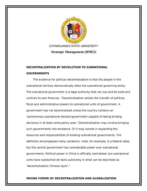Strategic Management Decentralization By Devolution To Subnational