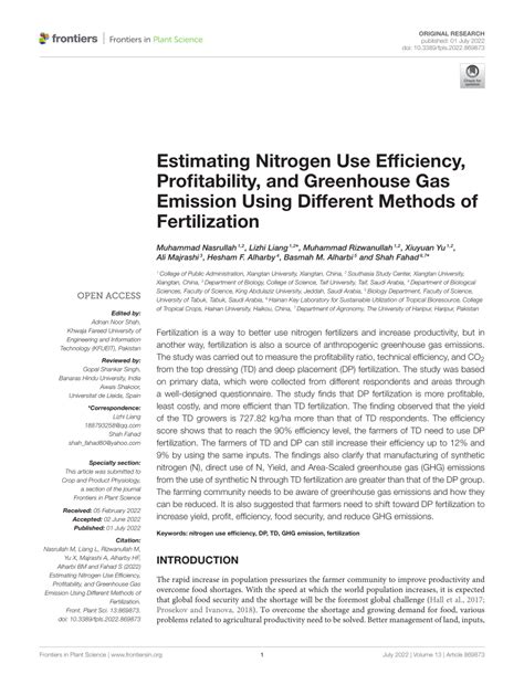 Pdf Estimating Nitrogen Use Efficiency Profitability And Greenhouse Gas Emission Using