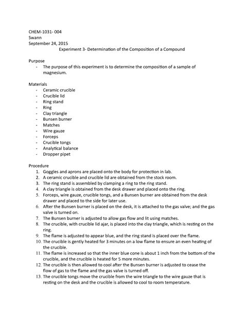 Experiment Determination Of The Composition Of A Compound CHEM Swann September
