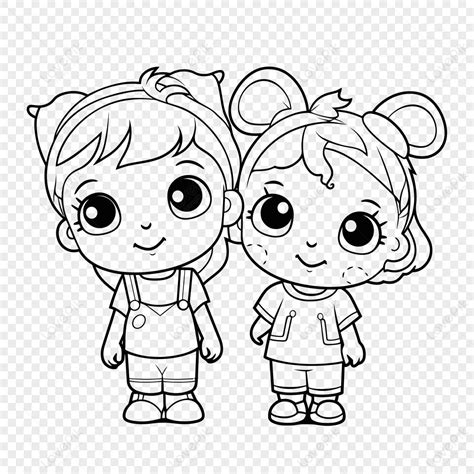 두 어린 아이 색칠 페이지 개요 스케치 드로잉 벡터만화개요 예술 Png 일러스트 무료 다운로드 Lovepik