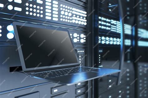 Premium Photo Side View Of Empty Mock Up Laptop Computer In Illuminated Server Room Interior