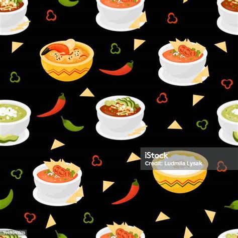 또띠아 칩 녹색 아보카도 수프 쌀 푸딩 칠리 페퍼와 함께 검은 배경에 뜨거운 게 파이를 곁들인 멕시코 토마토 수프 벡터 그림입니다 접시에 국가 음식이있는 끝없는 배경 접시에