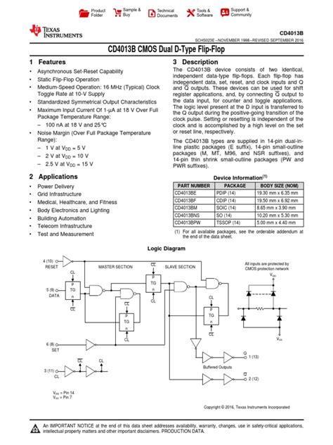 Cd4013b Cmos Dual D Type Flip Flop 1 Features 3 Description Pdf