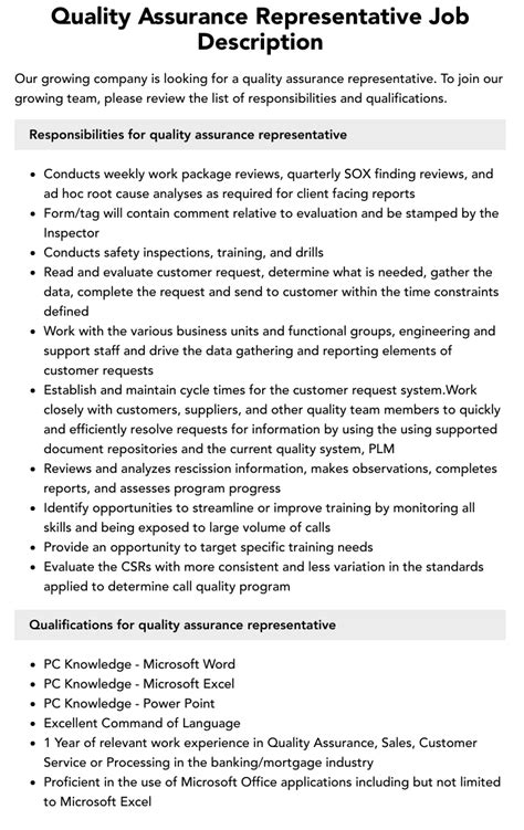 Quality Assurance Representative Job Description Velvet Jobs