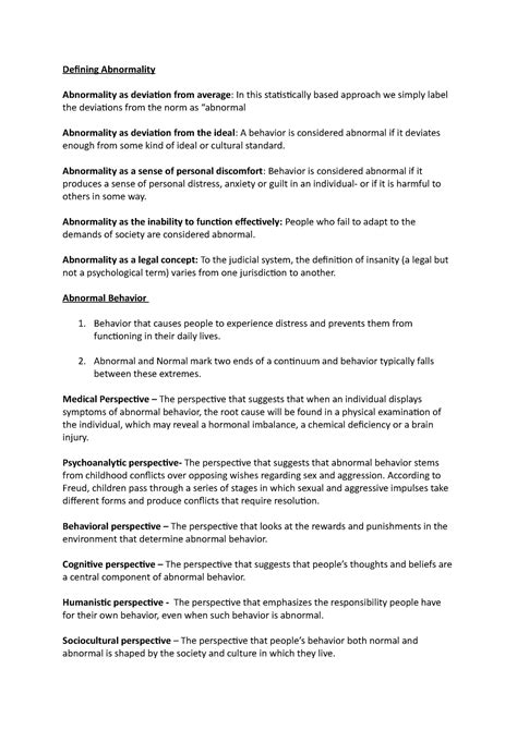 Defining Abnormality Chapter Notes Defining Abnormality Abnormality As Deviation From