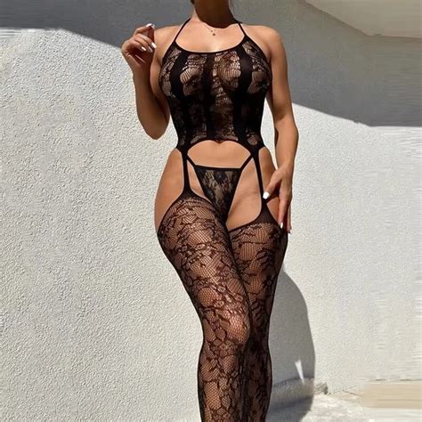 Sexy Crotchless Lingerie Women Erotic Full Body Stockings Black Print