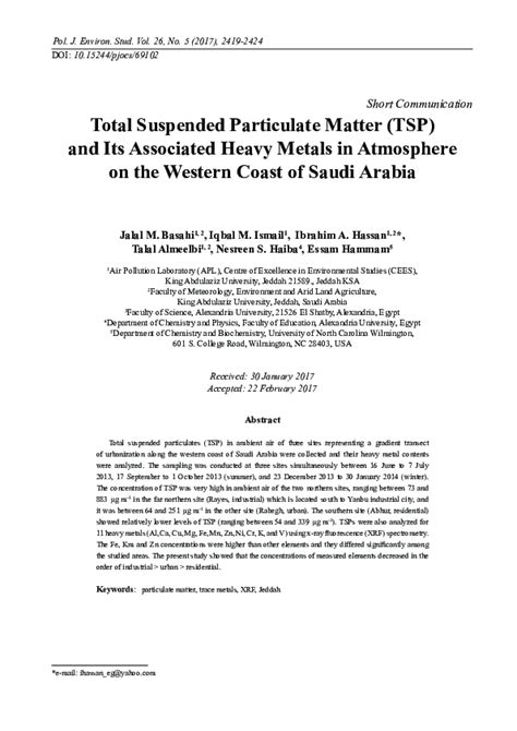 Pdf Total Suspended Particulate Matter Tsp And Its Associated