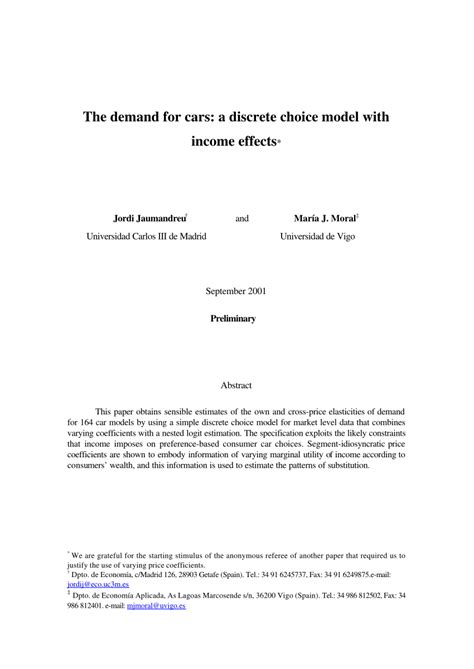 Pdf The Demand For Cars A Discrete Choice Model With Income Effects