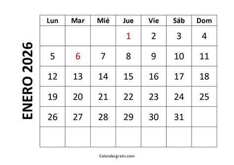 Calendario De Enero 2026 Con Sus Festivos