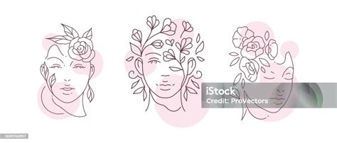 미적 여성 꽃 꽃 헤어 스타일 파스텔 컬러 스팟 연속 라인 아트 로고 세트 벡터 개체 그룹에 대한 스톡 벡터 아트 및 기타 이미지 개체 그룹 그리기 꽃 나무 Istock