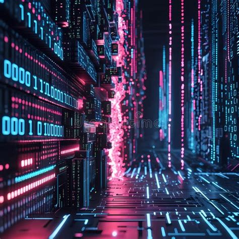 Futuristic Digital Cityscape With Glowing Binary Code On Vertical And