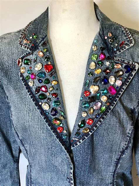 Sale Denim Rhinestone Jacket Hand Sewn Multi Color Rhinestone Denim