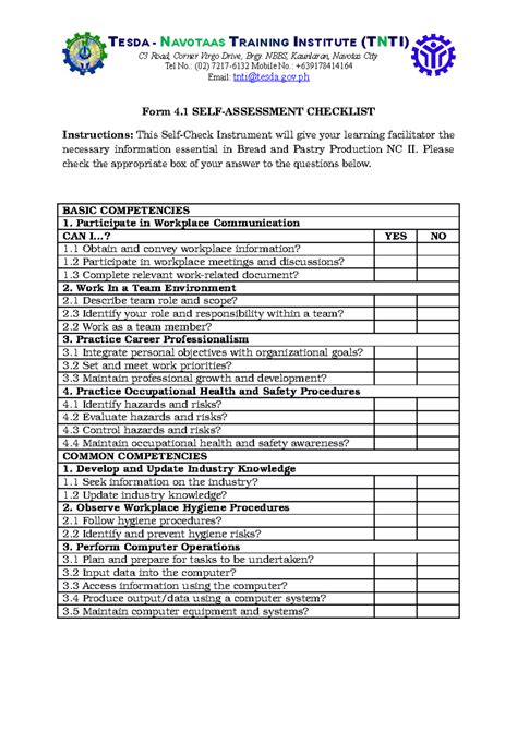 02 Self Assessment Checklist Tesda Forms Of Data Gathering Tesda Navotaas Training Institute