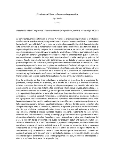 El Individuo Y Estado En La Economía Corporativa Ugo Spirito Pdf Corporativismo Historia