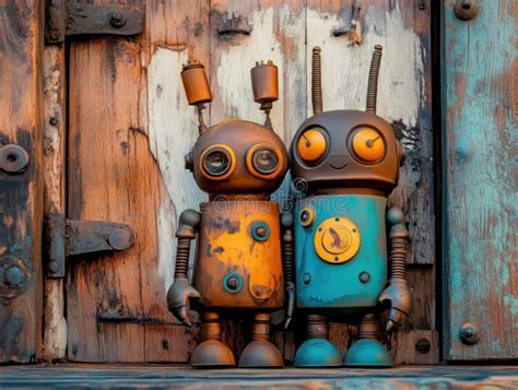 Two Vintage Robots Standing Together Against Rustic Wooden Wall Stock Image Image Of Nostalgic