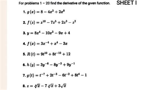 For Problems 1 20 Find The Derivative Of The Given Functionsheet I1 G