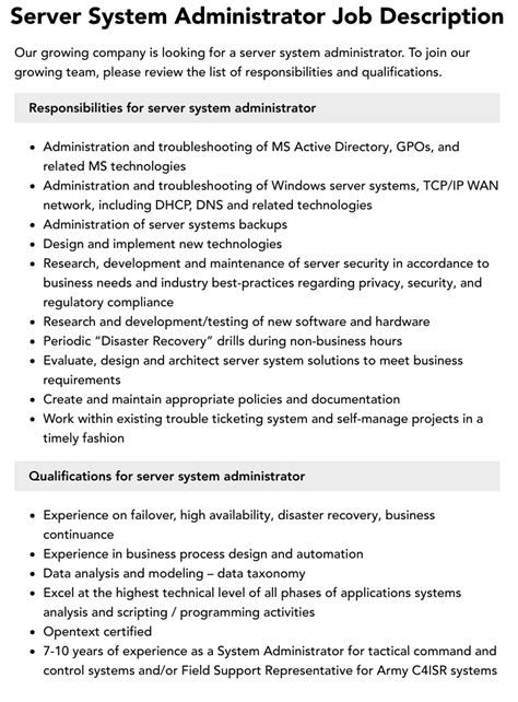 Server System Administrator Job Description Velvet Jobs