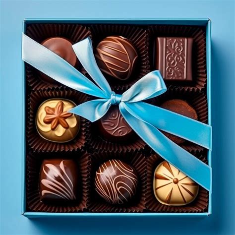 A Set Of Different Chocolates In A Paper Box With A Satin Blue Ribbon