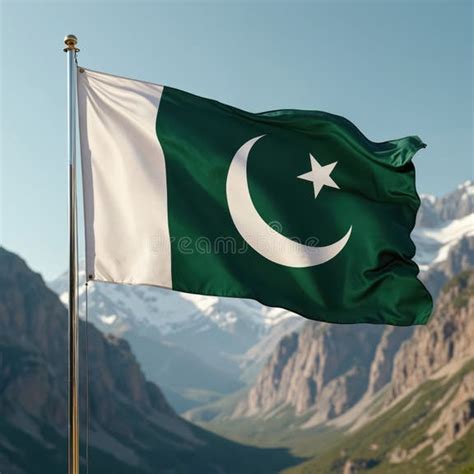 Pakistan National Flag Waves Proudly On Tall Pole Green White Fabric