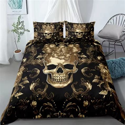 Gothic Gold Baroque Skull Floral Pattern Bedding Set Skullton