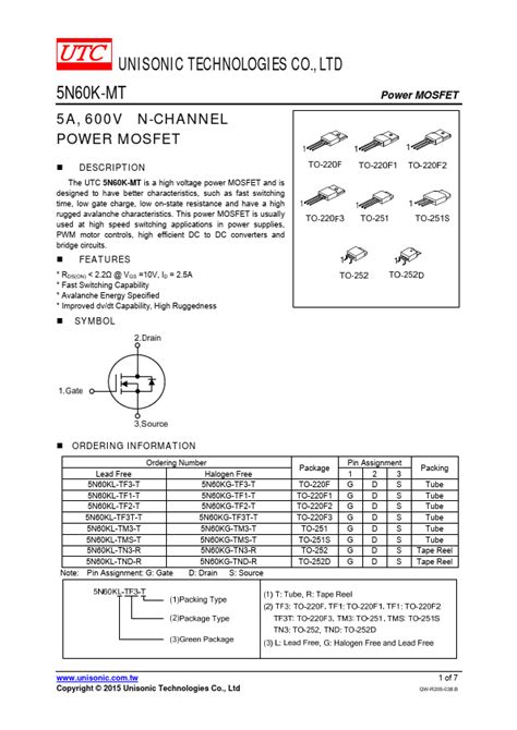 5n60k Mt Datasheet Mosfet Unisonic Technologies