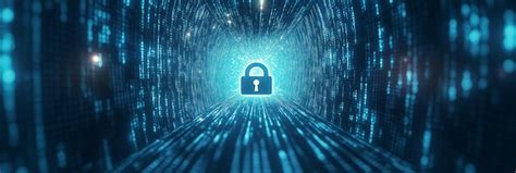 Glowing Digital Lock Icon In A Tunnel Of Binary Code And Light Rays Represents Cybersecurity