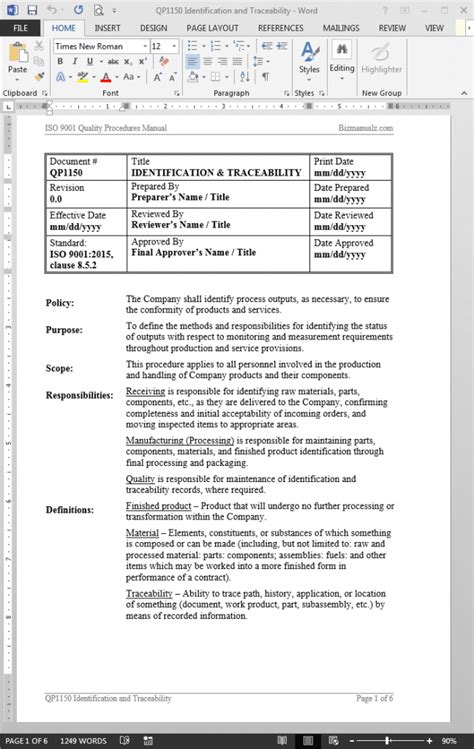Identification Traceability Procedure Iso 9001 2015