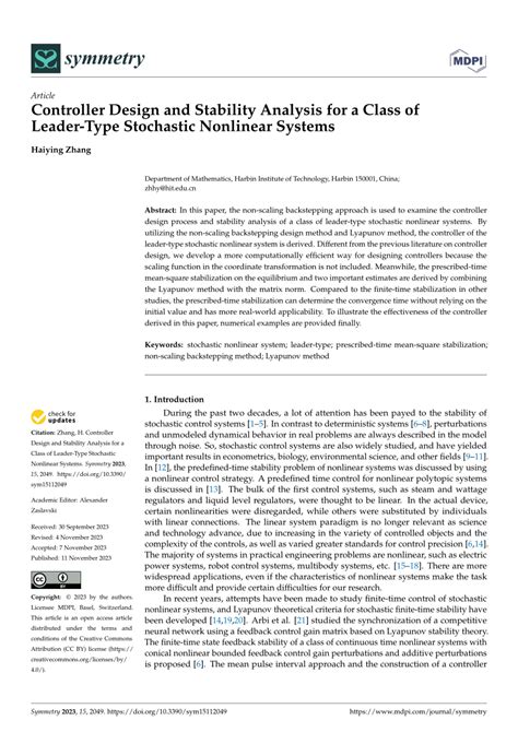 PDF Controller Design And Stability Analysis For A Class Of Leader Type Stochastic Nonlinear