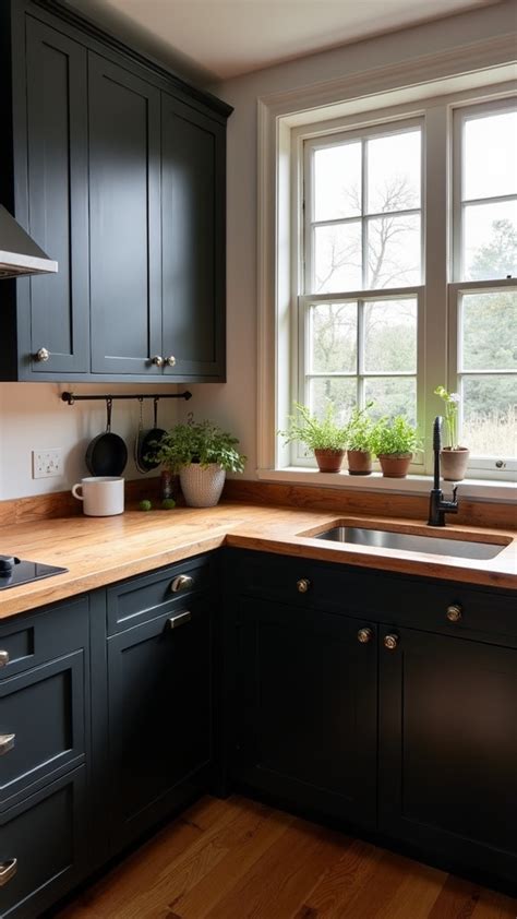 15 Black Kitchen Cabinets With Butcher Block Countertops That Warm Up