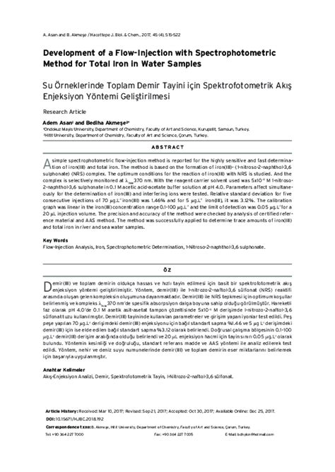 Pdf Development Of A Flow Injection With Spectrophotometric Method For Total Iron In Water Samples