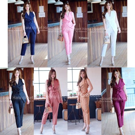 Tw7259 Set สาวอวบ เสื้อแขนกุด คอปก กางเกง5ส่วน สายผูกเอว Wandee Fashion Shop Thaipick