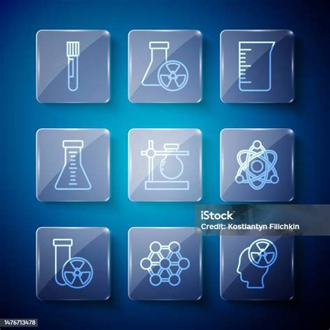 세트 라인 시험관 방사선 분자 머리 및 기호 실험실 유리 또는 비커 플라스크 스탠드 및 원자 아이콘 벡터 건강 검진에 대한 스톡 벡터 아트 및 기타 이미지 Istock