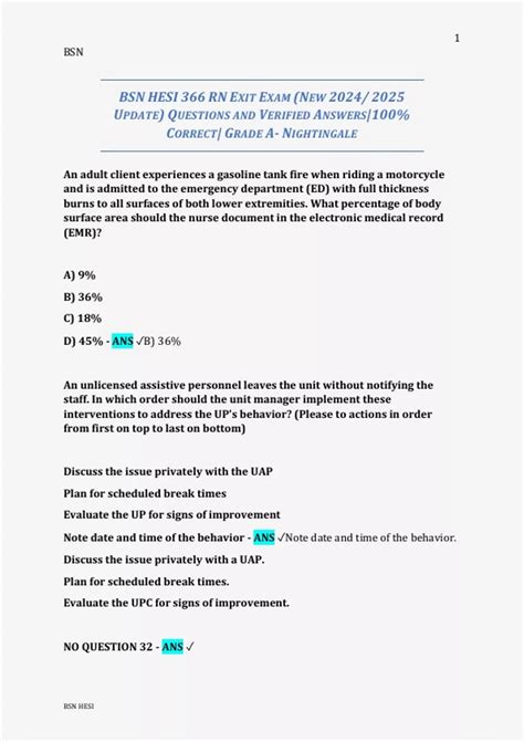 BSN HESI 366 RN EXIT EXAM NEW 2024 2025 UPDATE QUESTIONS AND VERIFIED ANSWERS 100 CORRECT