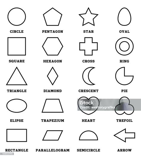 2d 윤곽 선은 자신의 이름으로 영어로 어휘로 설정 어린이 학습을위한 클립 아트 컬렉션 유치원 어린이의 기하학적 모양 플래시 카드 유치원을위한 간단한 기호 기하학적 모양 0