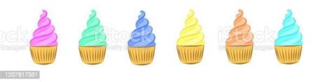 크림컵케이크 세트 제과의 색상 벡터 그림입니다 손으로 그린 흰색 배경에 격리 달콤한 디저트 패스트리 다양한 색상의 크림 머핀