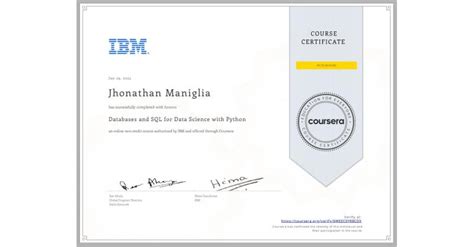 Completion Certificate For Databases And Sql For Data Science With Python Jhonathan Maniglia