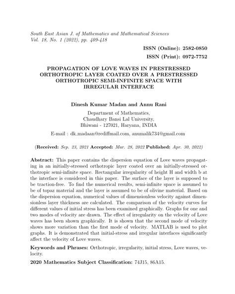 Pdf Propagation Of Love Waves In Prestressed Orthotropic Layer Coated