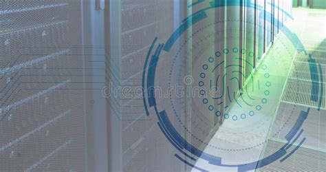 Image Of Fingerprint In Loading Circles Over Data Server Racks In