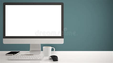 Desktop Mockup Template Computer On Work Desk With Blank Screen