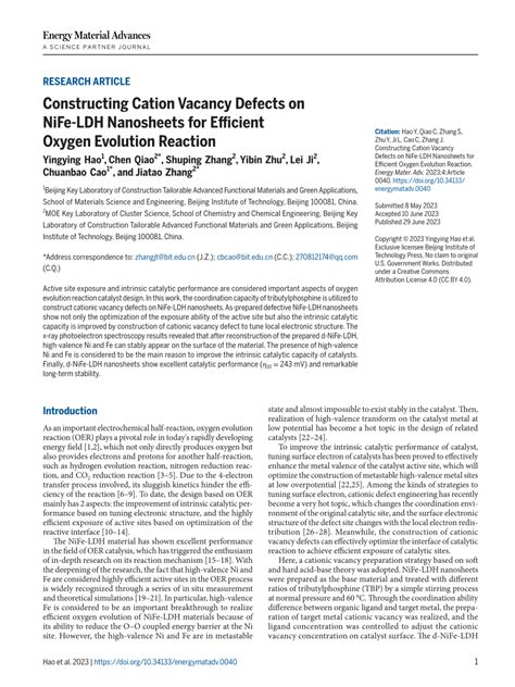 Pdf Constructing Cation Vacancy Defects On Nife Ldh Nanosheets For Efficient Oxygen Evolution