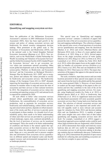 Pdf Special Issue Quantifying And Mapping Ecosystem Services