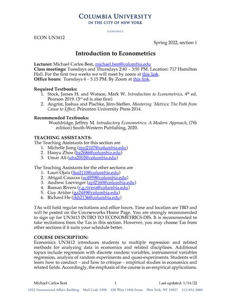 Syllabus Of Intoduction To Econometrics 1022 International Affairs Building Mail Code 3308 420