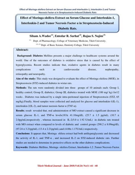 Pdf Effect Of Moringa Oleifera Extract On Serum Glucose And Interleukin 1 Interleukin 2 And