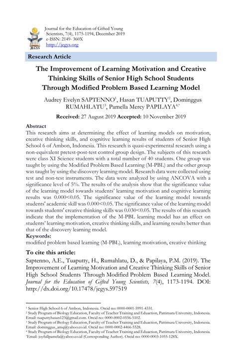pdf the improvement of learning motivation and creative thinking